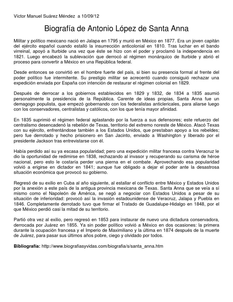 Biografía de Antonio López de Santa Anna | Conflictos del segundo ...