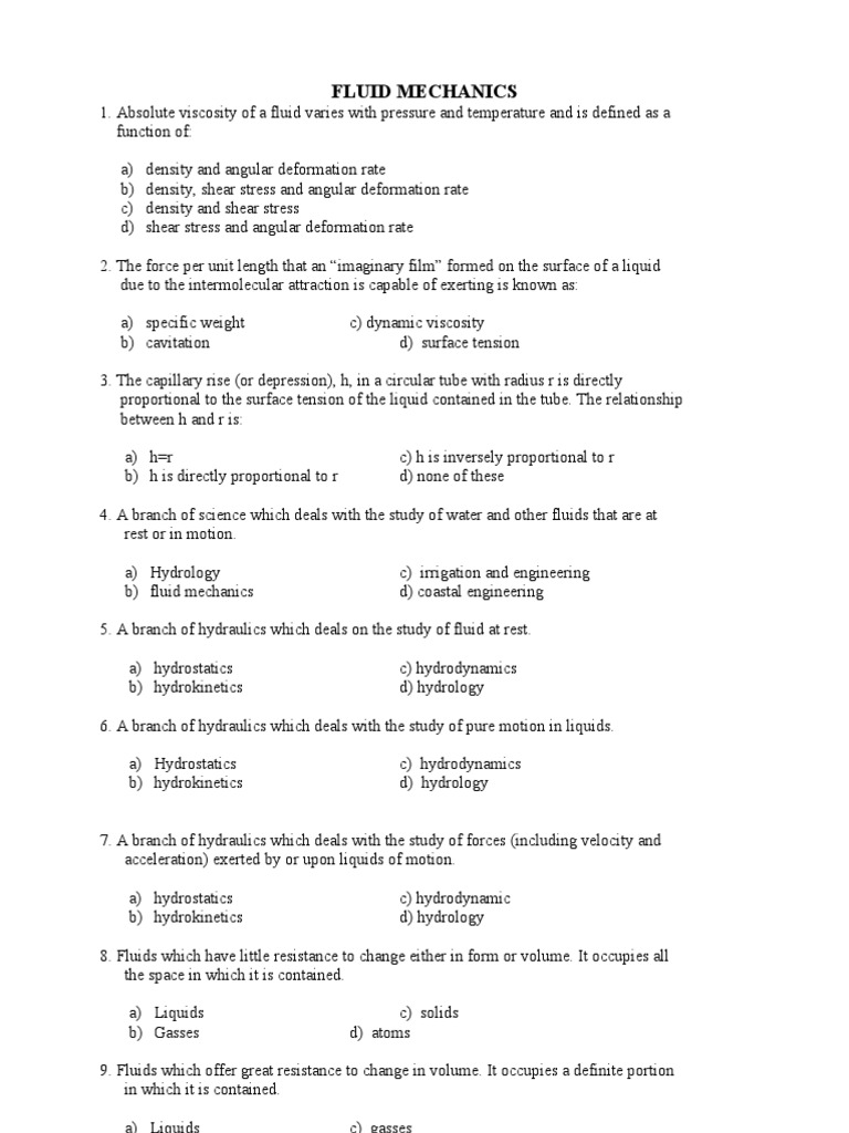 Sample Questions Fluid Mechanics | PDF | Buoyancy | Pressure