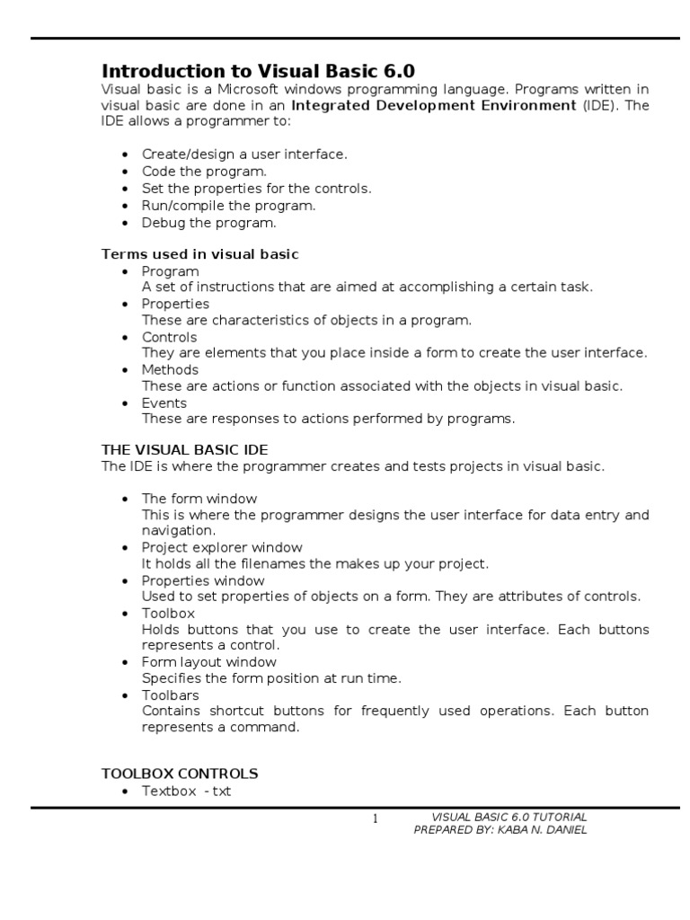 An Introduction to the Visual Basic Integrated Development Environment ...