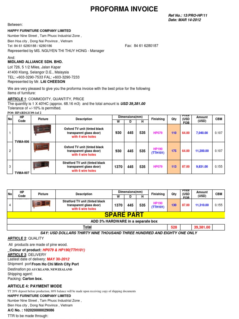 Proforma Invoice for Furniture Order | PDF