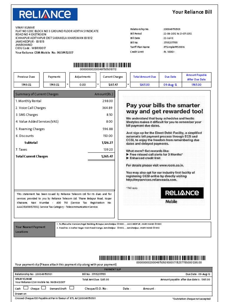 Your Reliance Bill | PDF | Roaming | Short Message Service