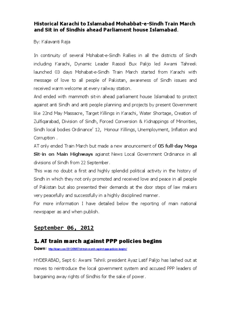 Awami Tehreek's Mohabat-e-Sindh Train March | PDF | Sindh | Pakistan ...