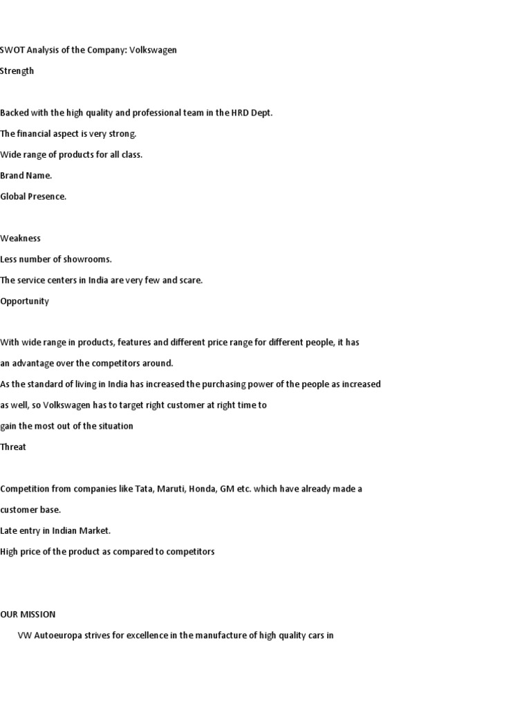 SWOT Analysis | PDF | Volkswagen | Audi