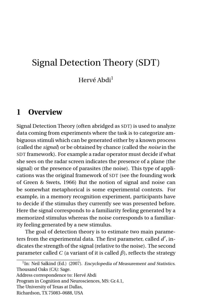 Signal Detection Theory (SDT) : 1 Overview | PDF | Teaching Methods ...