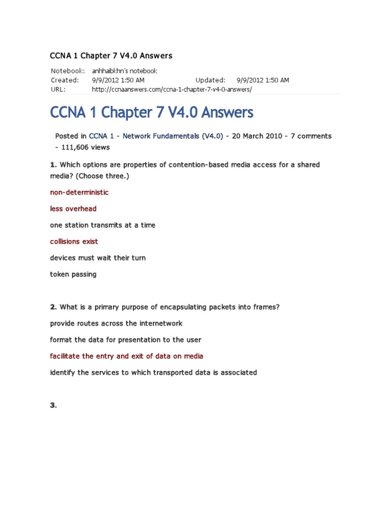 CCNA 1 Chapter 7 V4.0 Answers | PDF | Network Topology | Computer Network