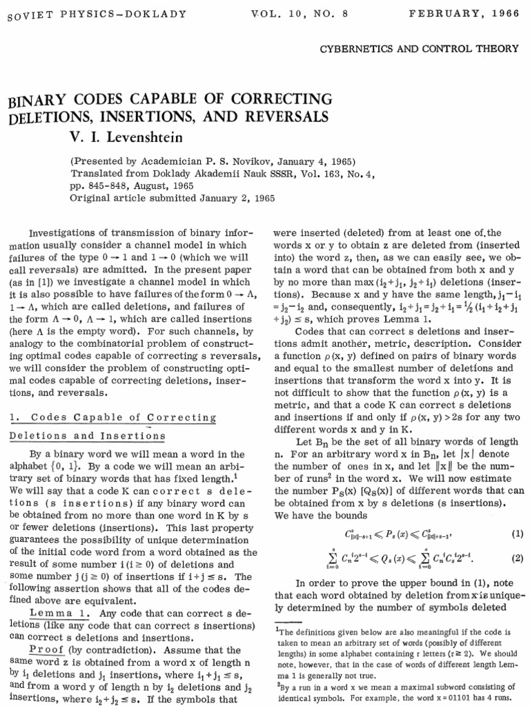 Binary Codes Capable Of Correcting Deletions Insertions And Reversals Pdf Sequence