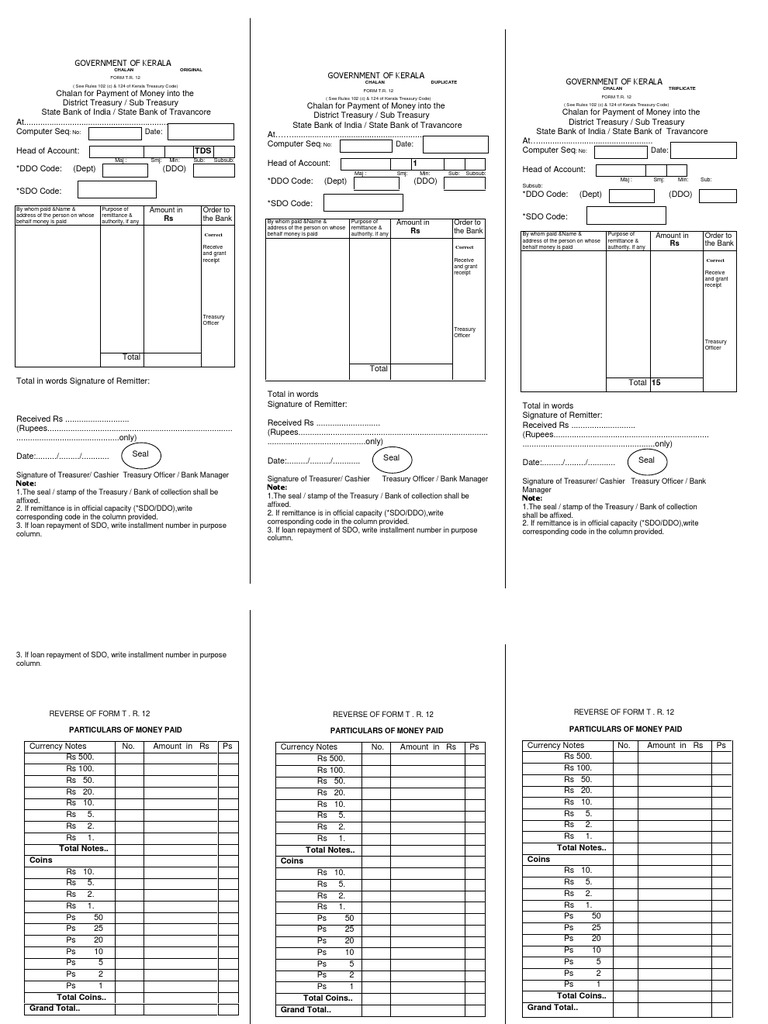 Kerala Treasury Code Chalan Form TR 12 for Payment of Money into ...