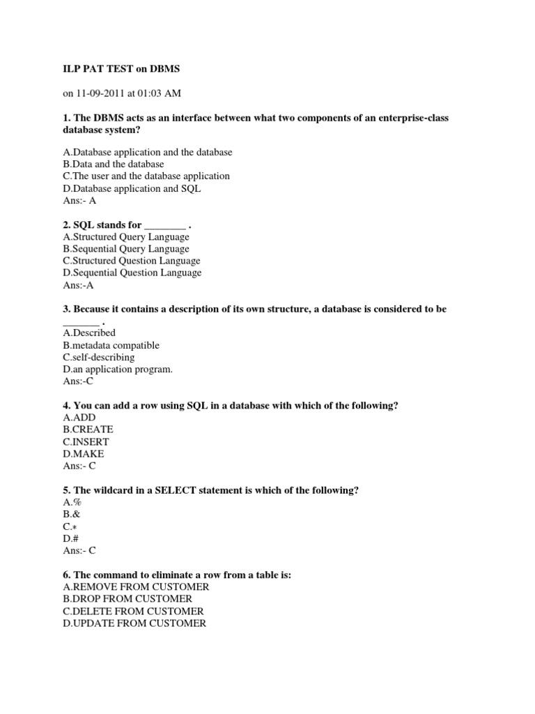 Ilp Pat Test On Dbms | PDF | Sql | Databases