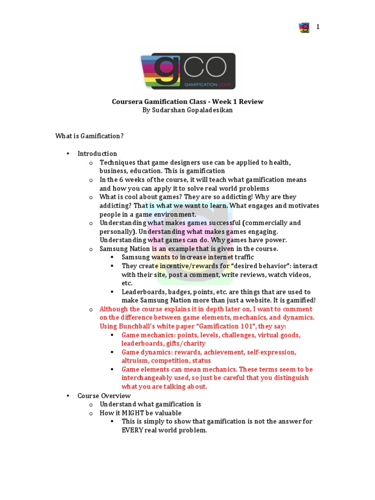 GCo - Coursera Gamification Class - Week 1 Review | PDF | Teaching ...