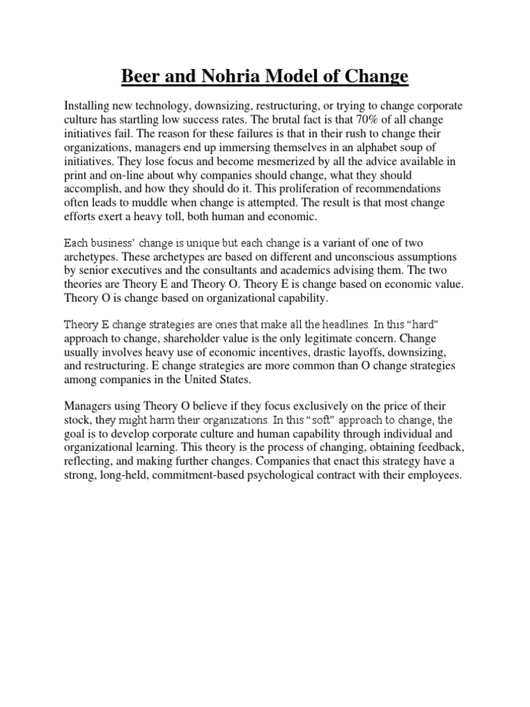 Beer and Nohria Model of Change | PDF | Organizational Culture | Motivation