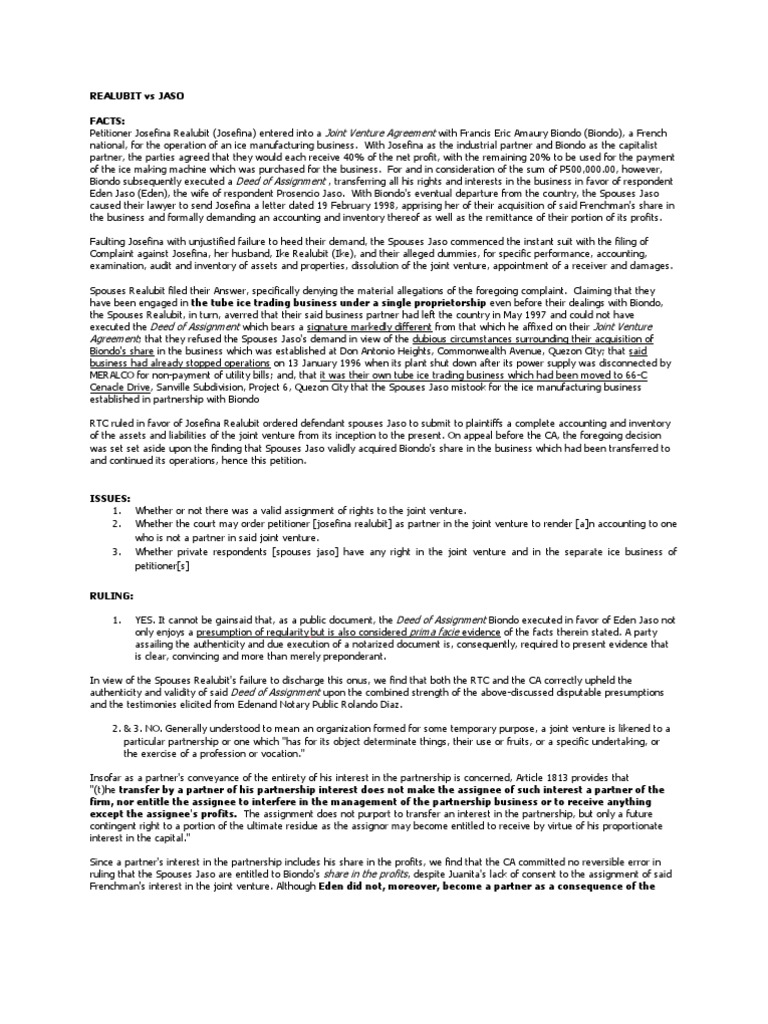 Realubit Vs Jaso | PDF | Assignment (Law) | Joint Venture