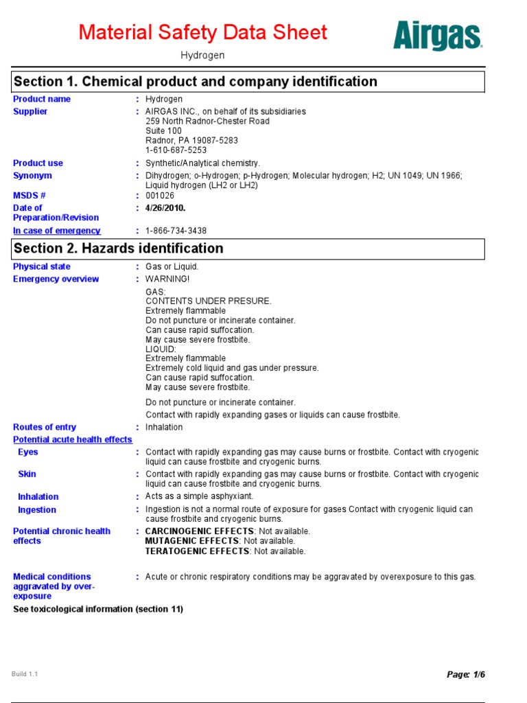 Safety Data Sheet for Hydrogen Gas: Properties, Hazards, Handling and ...