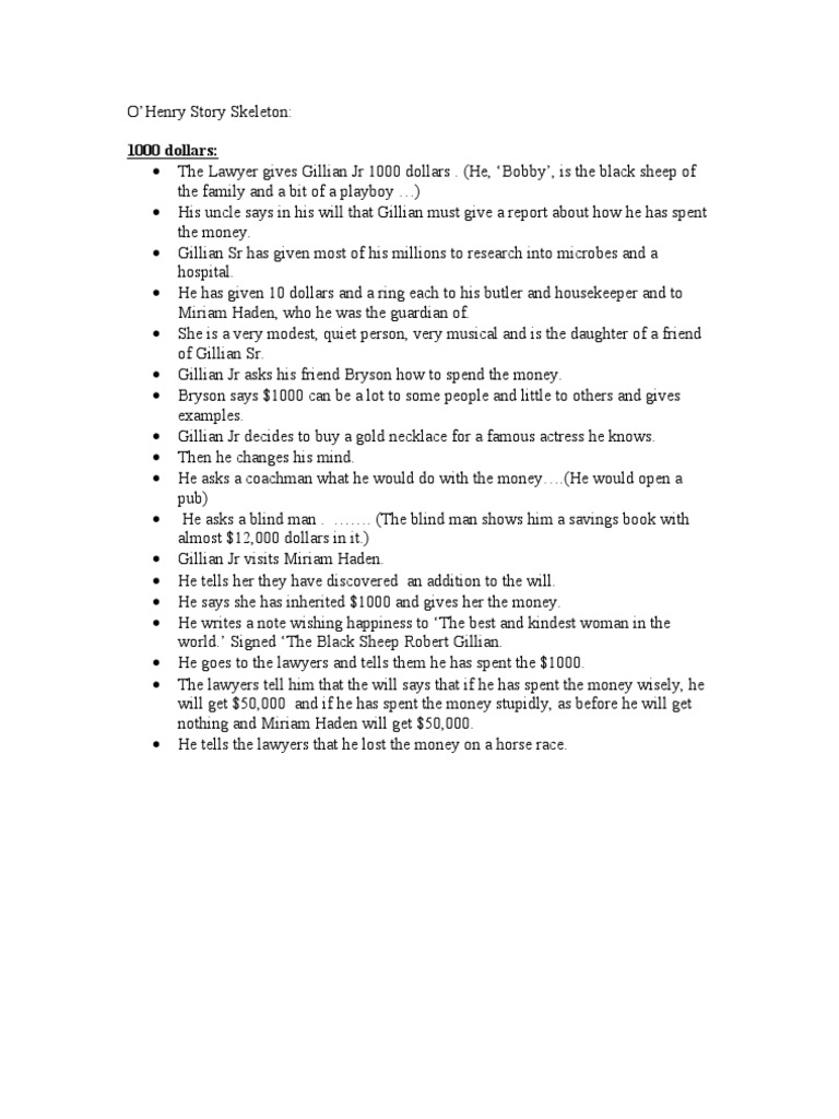 O. Henry's "One Thousand Dollars" Summary | PDF | Politics