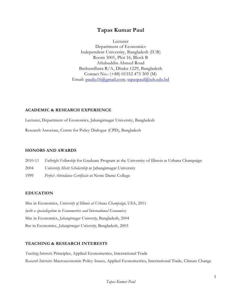 CV - Tapas | PDF | Bangladesh | Economics