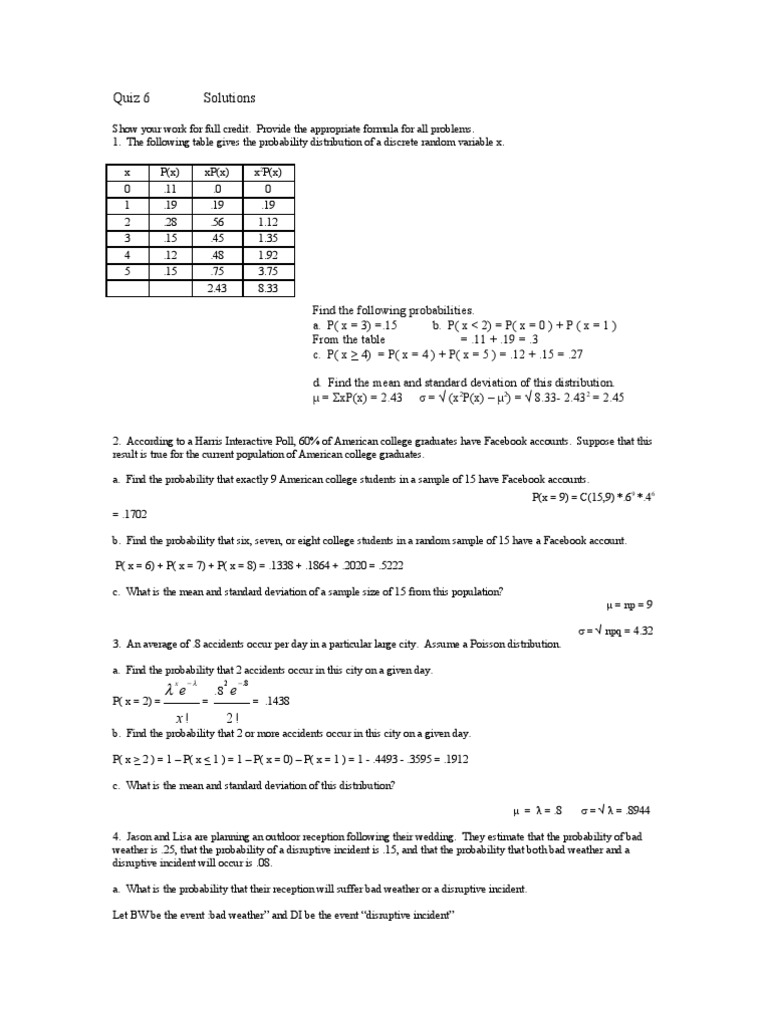 Quiz 6 Solutions | PDF | Probability Distribution | Poisson Distribution