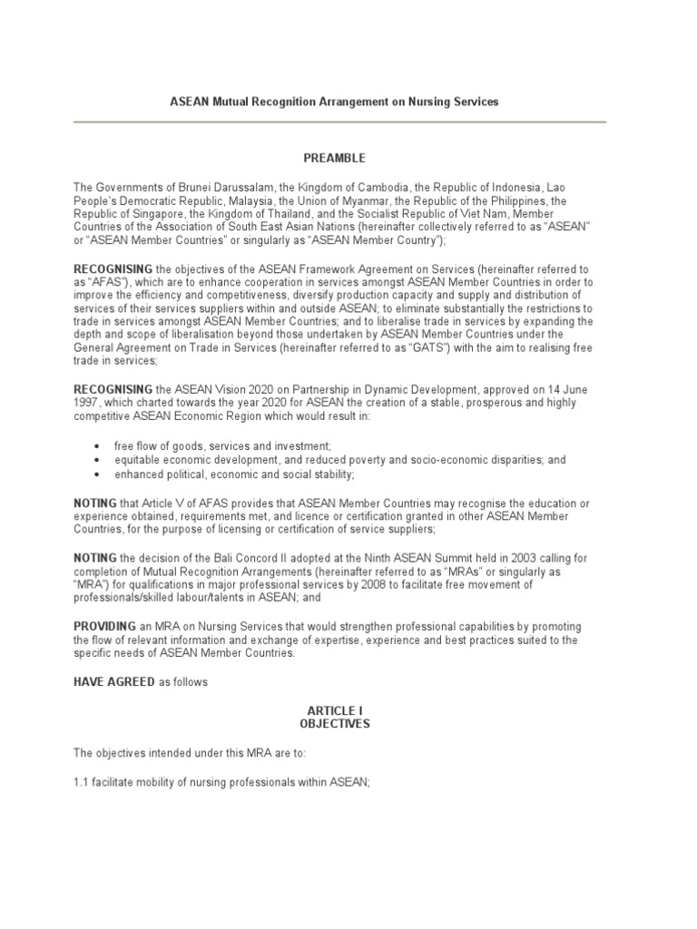 ASEAN Mutual Recognition Arrangement On Nursing Services | PDF ...
