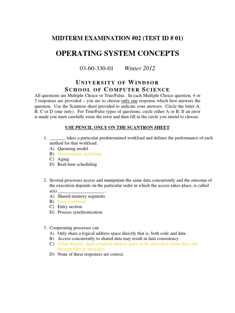 Operating System Concepts Test | PDF | Thread (Computing) | Scheduling ...