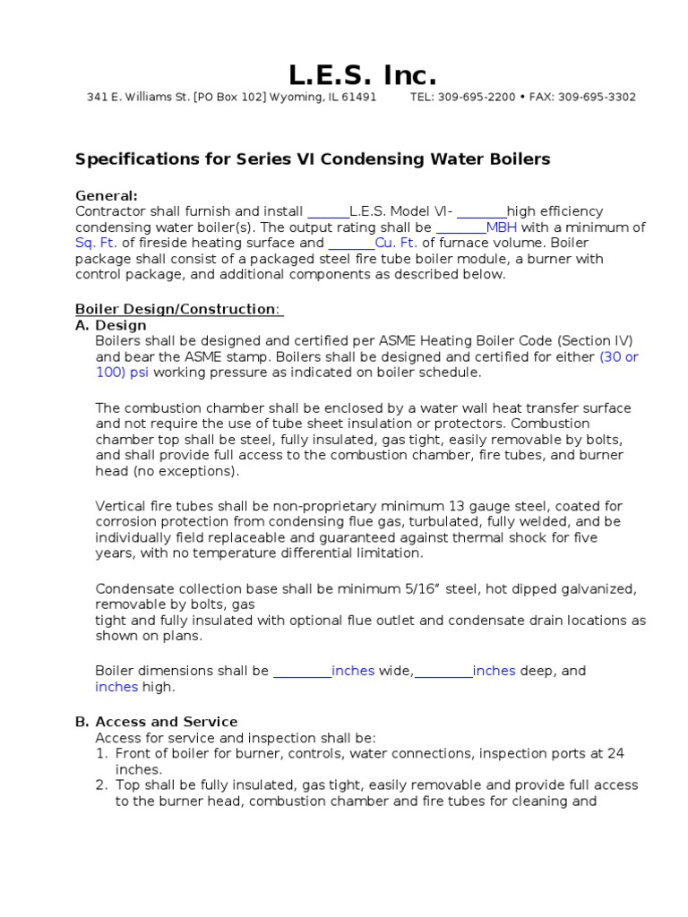 LES VI Boiler Spec | PDF | Boiler | Energy Technology