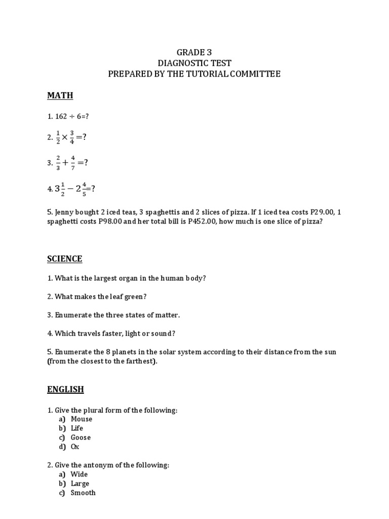 Grade 3 Diagnostic Test Prepared by The Tutorial Committee | PDF | Wellness