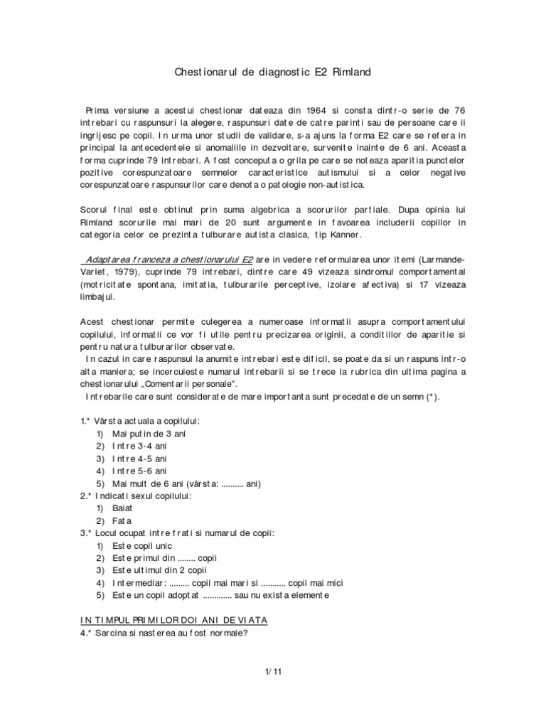 Chestionarul de Diagnostic E Rimland AUTISM | PDF