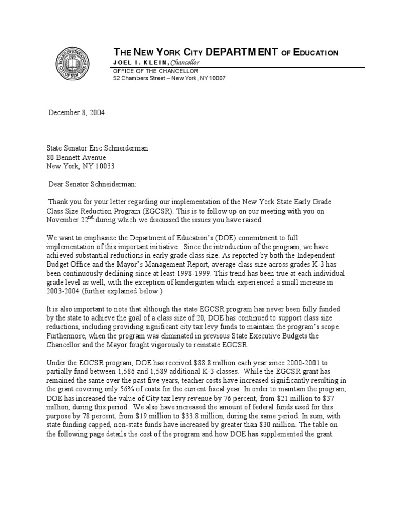 DOE Letter Schneiderman 12.8.2004 | PDF | Taxes | Teachers