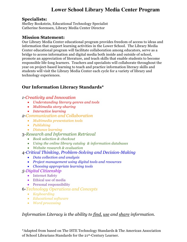 Lower School Library Media Center Program | PDF