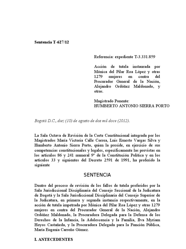 Fallo de Tutela T-627/12 Mónica Del Pilar Roa López y Otras 1279 ...
