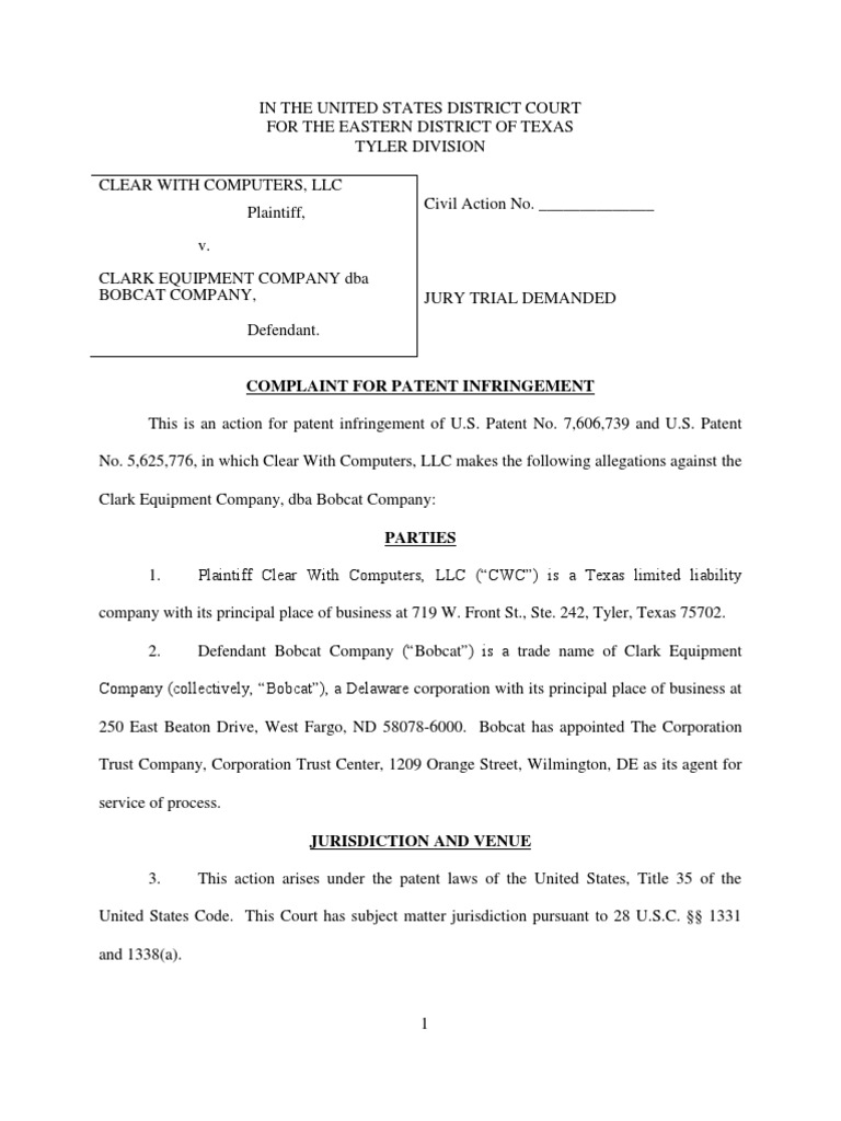 Clear With Computers v. Clark Equipment Company Dba Bobcat Company | PDF
