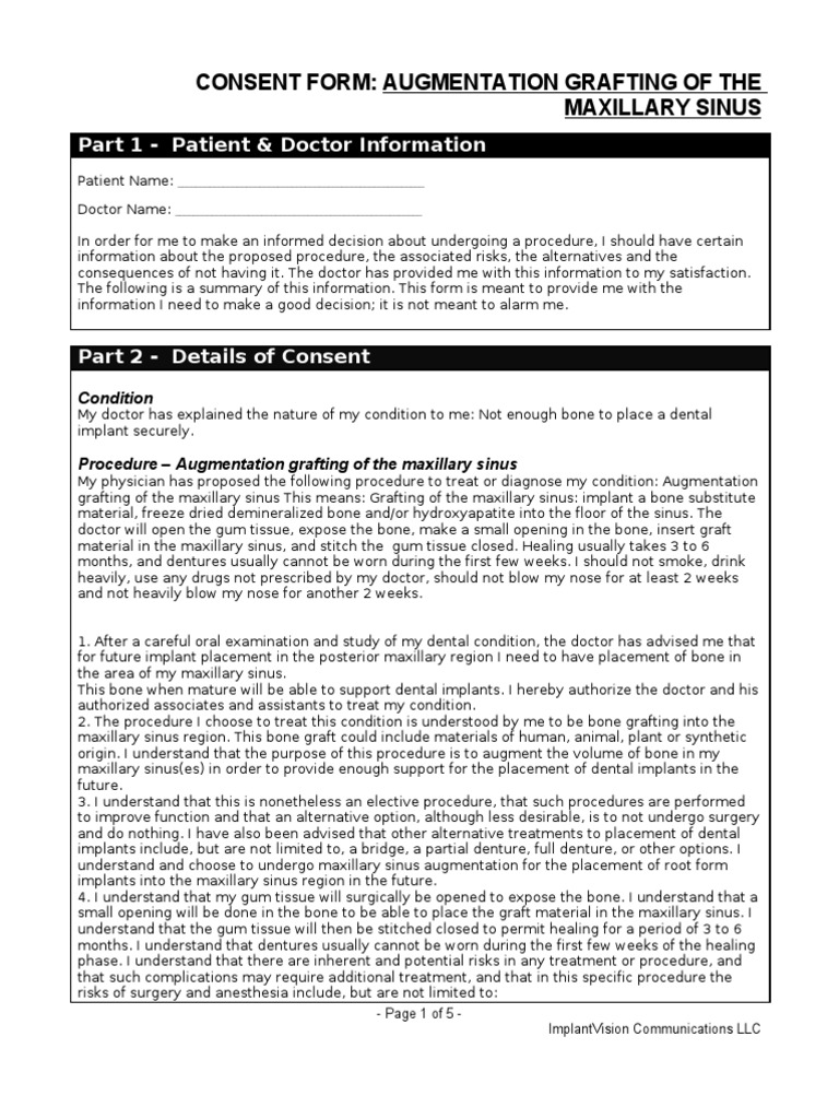 Sinus Lift Consent Form | PDF | Dental Implant | Surgery