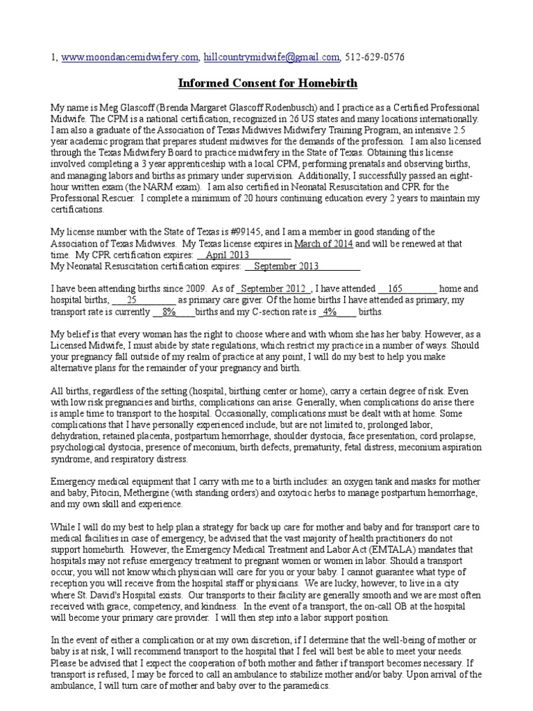 Informed Consent for Homebirth Care | PDF | Midwife | Midwifery