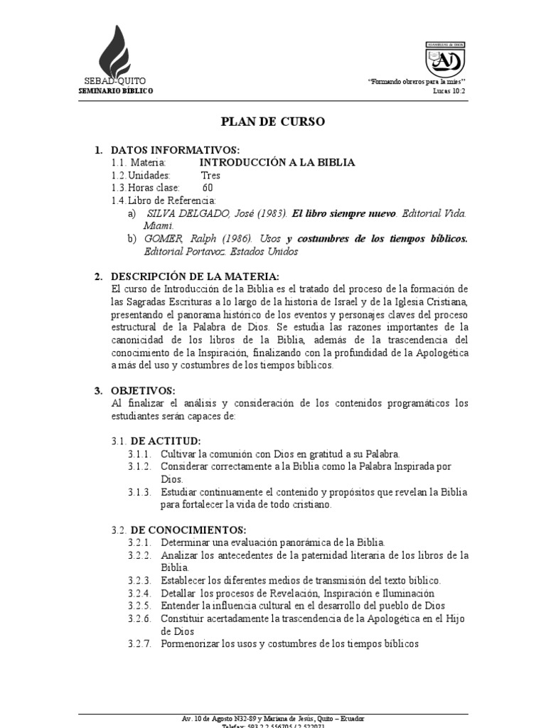 Plan de Curso Introduccion A La Biblia | PDF | Canon bíblico | Biblia