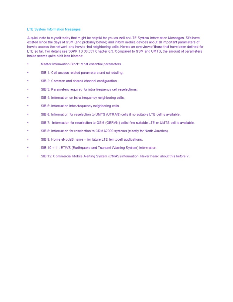 Overview of LTE System Information Messages | PDF
