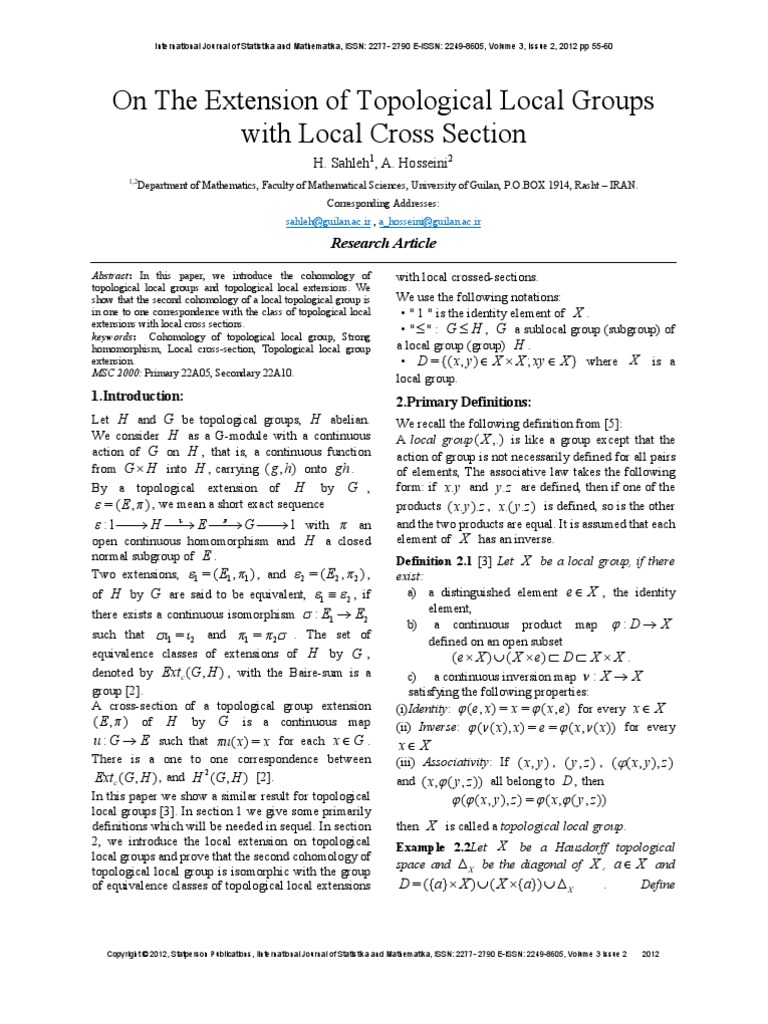 On The Extension of Topological Local Groups With Local Cross Section | PDF | Group (Mathematics ...