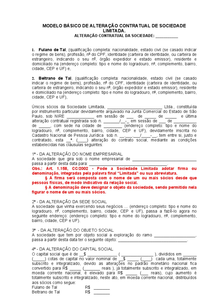 Modelo Alteracao Contratual | PDF | Business | Informação governamental Modelo Alteracao Contratual | PDF | Business | Informação governamental