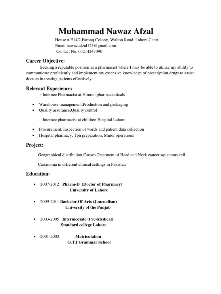 Pharmacist Resume of Muhammad Nawaz Afzal | PDF