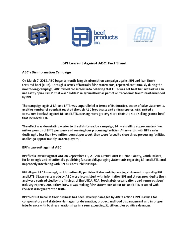BPI Lawsuit Against ABC Fact Sheet | PDF | Ground Beef | Food And Drink