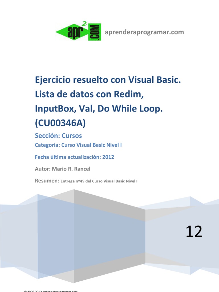 CU00346A Ejercicio Resuelto Visual Basic Lista Redim Inputbox Val Do While Loop | PDF ...