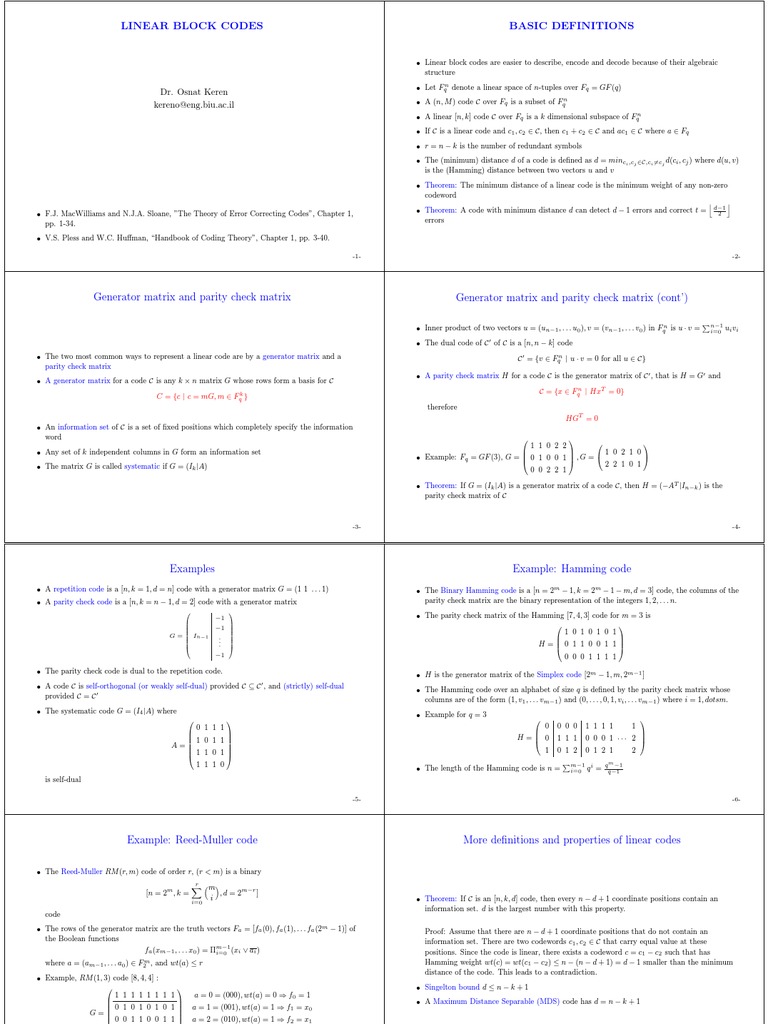 צפינה- מצגת 1 - Linear Block Codes | PDF | Discrete Mathematics | Encodings