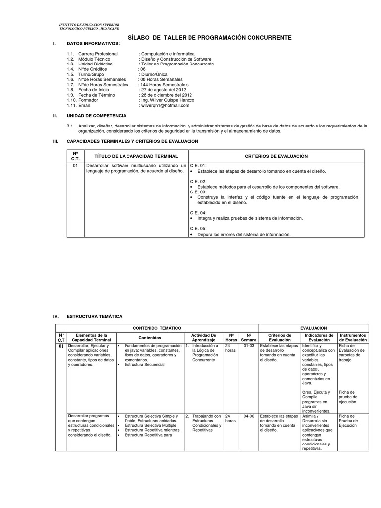 Silabu de Taller de Programacion Concurrente | PDF | Programación de computadoras | Java ...