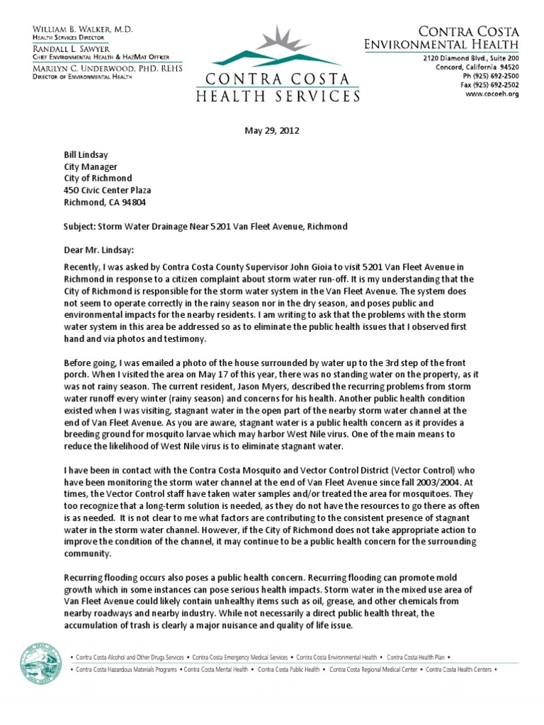 Contra Costa Environmental Health Letter To Richmond, CA, Regarding ...