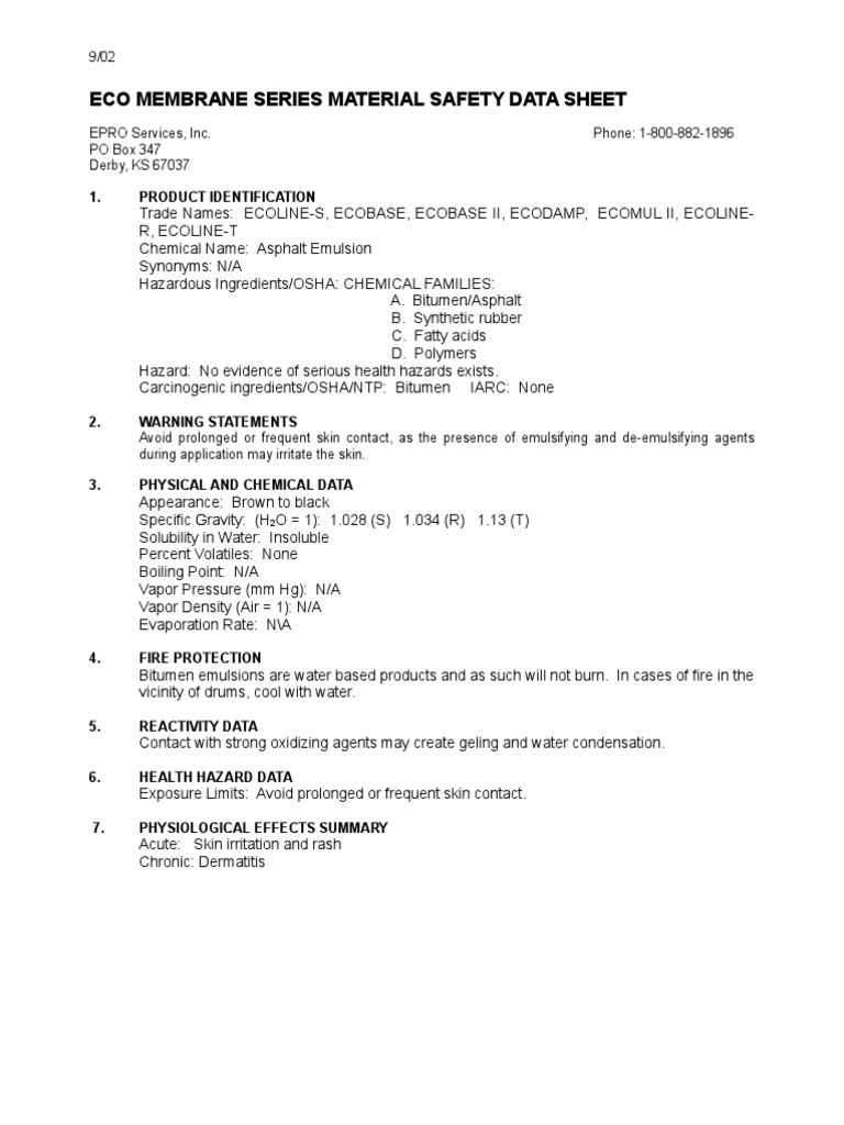 Eco Membrane Series Material Safety Data Sheet: 1. Product ...