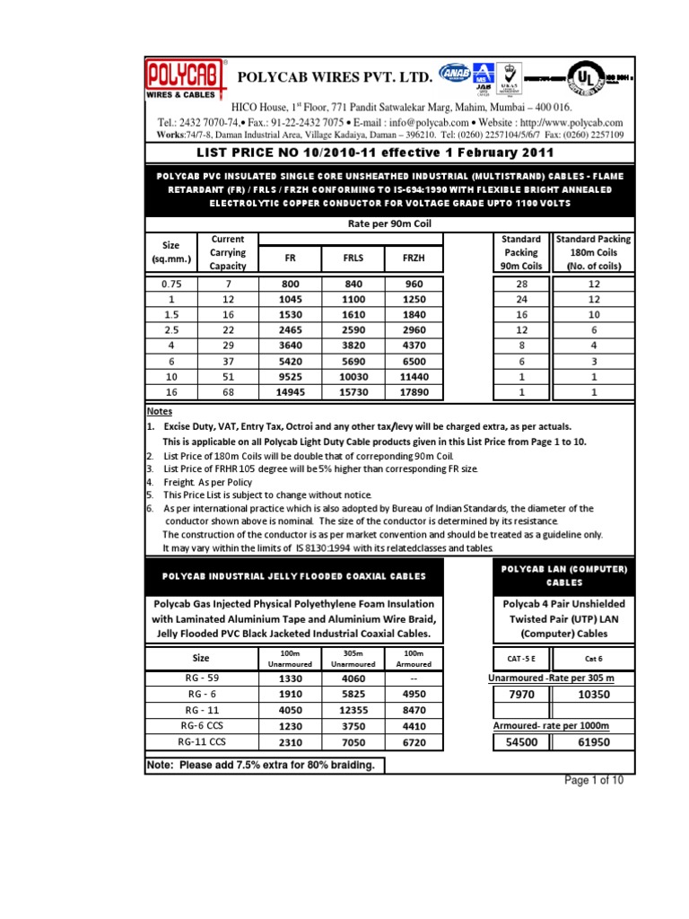 Polycab Cable Price List 1 2011 | PDF | Coaxial Cable | Insulator ...
