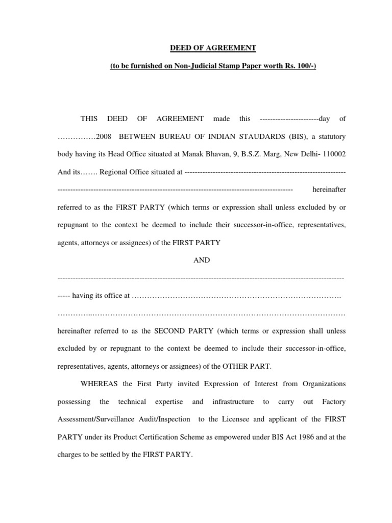 Deed of Agreement (To Be Furnished On Non-Judicial Stamp Paper Worth Rs ...