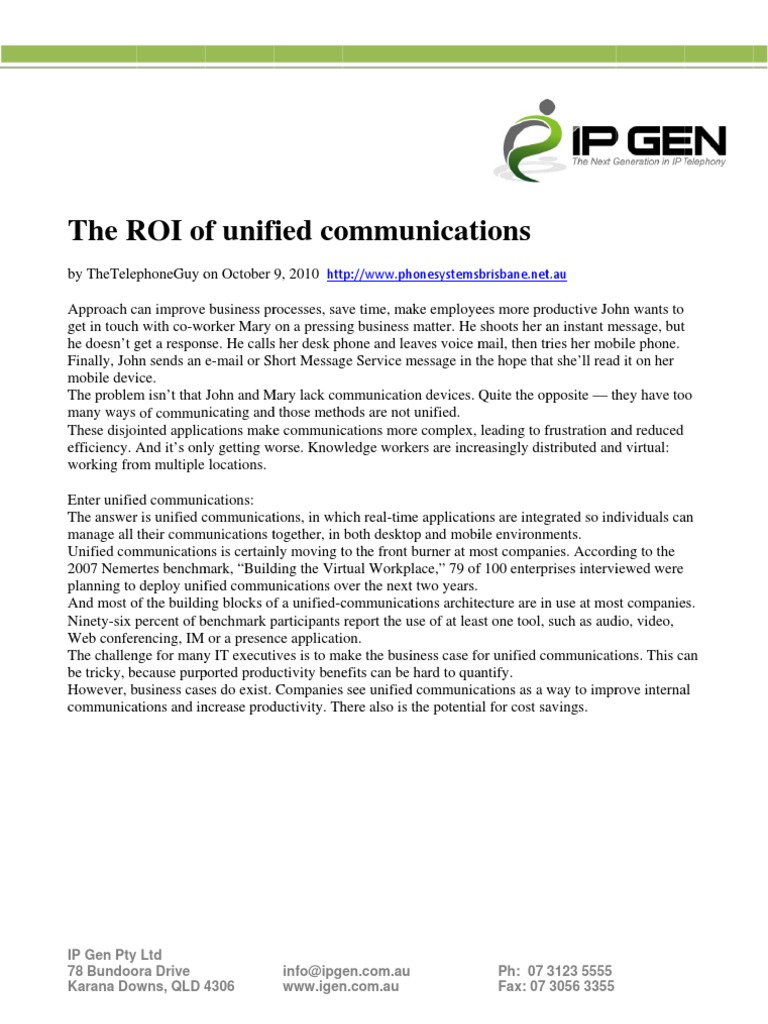 ROI of Unified Communications | PDF | Teleconferencing | Videotelephony