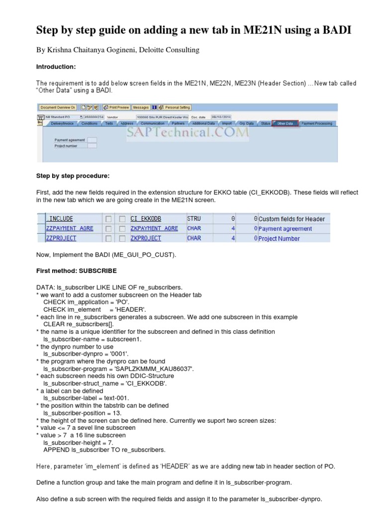 BADI - Step by Step Guide On Adding A New Tab in ME21N | PDF | Software Development | Computer ...
