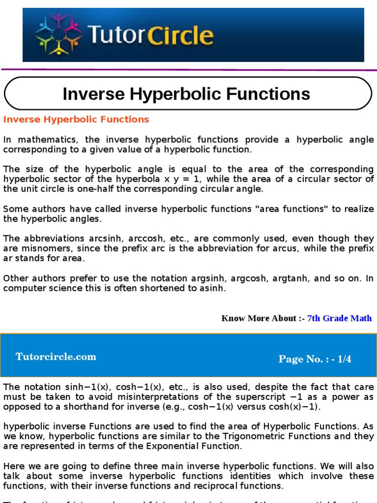 Inverse Hyperbolic Functions | Trigonometric Functions | Trigonometry