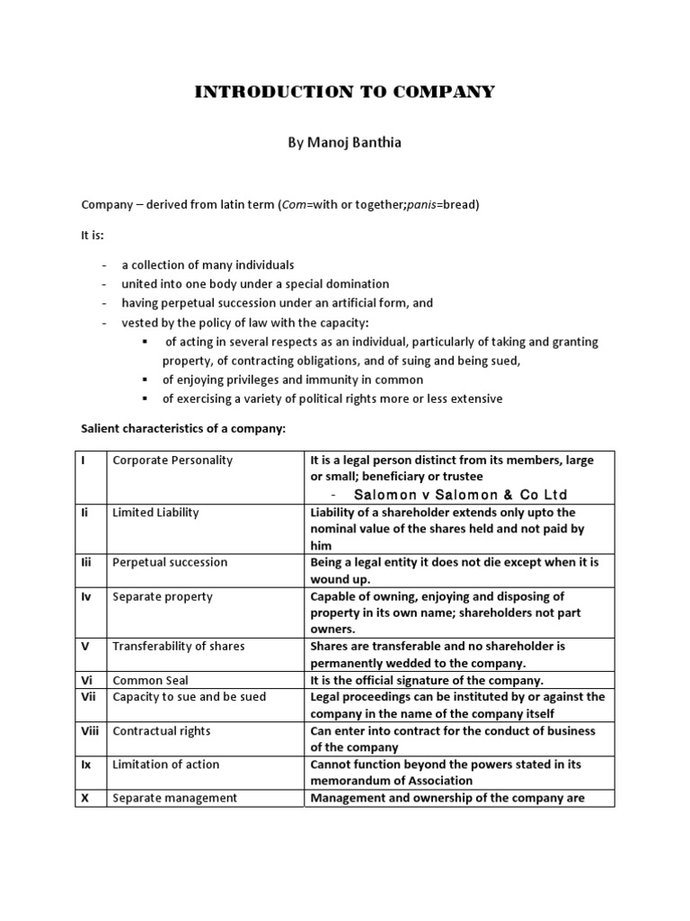 Introduction To Company: by Manoj Banthia | PDF | Piercing The Corporate Veil | Corporations