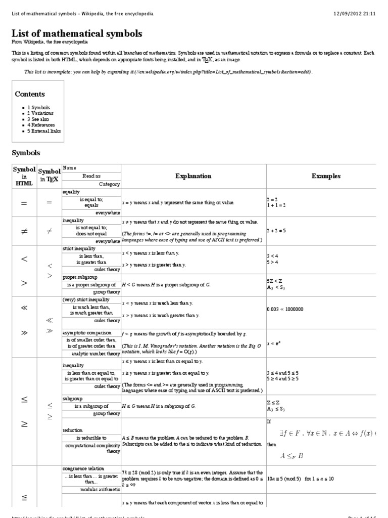 List of Mathematical Symbols - Wikipedia, The Free Encyclopedia | PDF ...