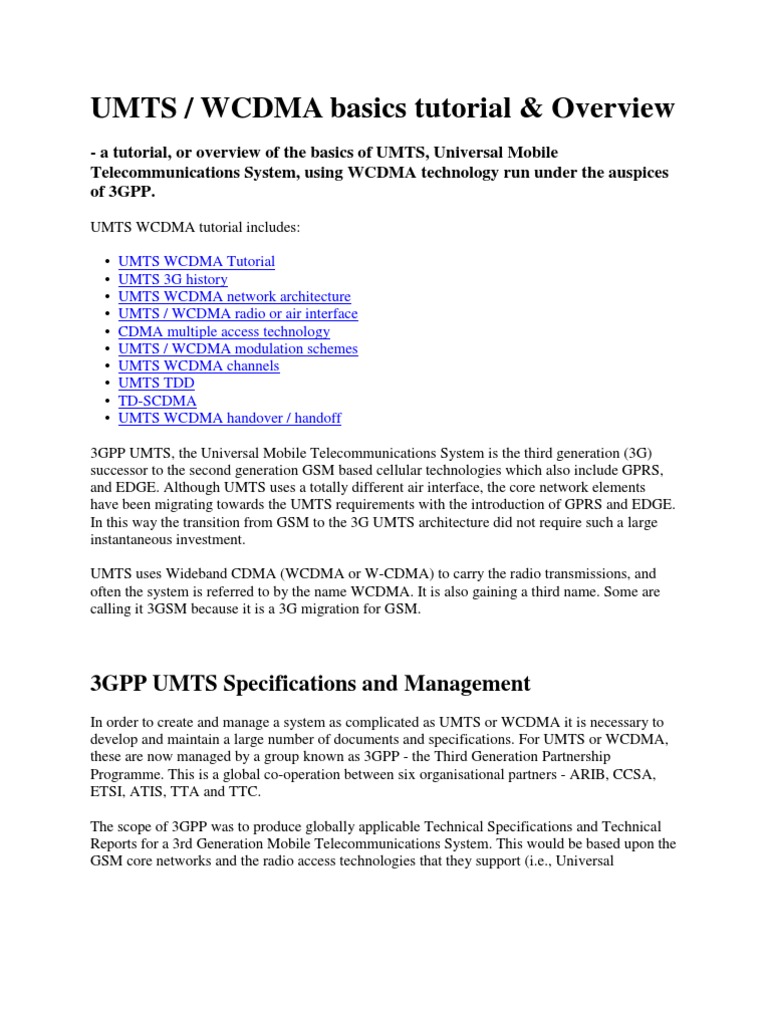 UMTS / WCDMA Basics Tutorial & Overview: 3GPP UMTS Specifications and Management | PDF | 3 Gpp | 3 G
