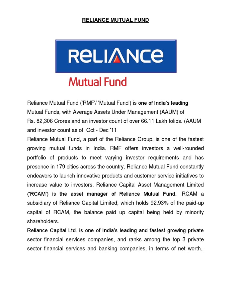 Reliance Mutual Fund-Final | PDF | Mutual Funds | Money